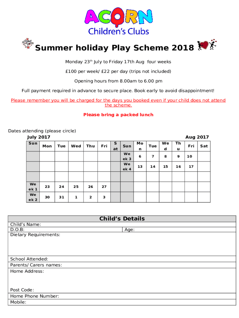 Acorn Summer Playscheme Placement Doc Template | pdfFiller