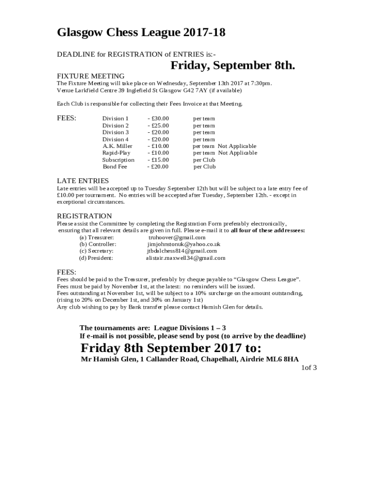 Glasgow Chess League 2017-18. Entry Doc Template | pdfFiller
