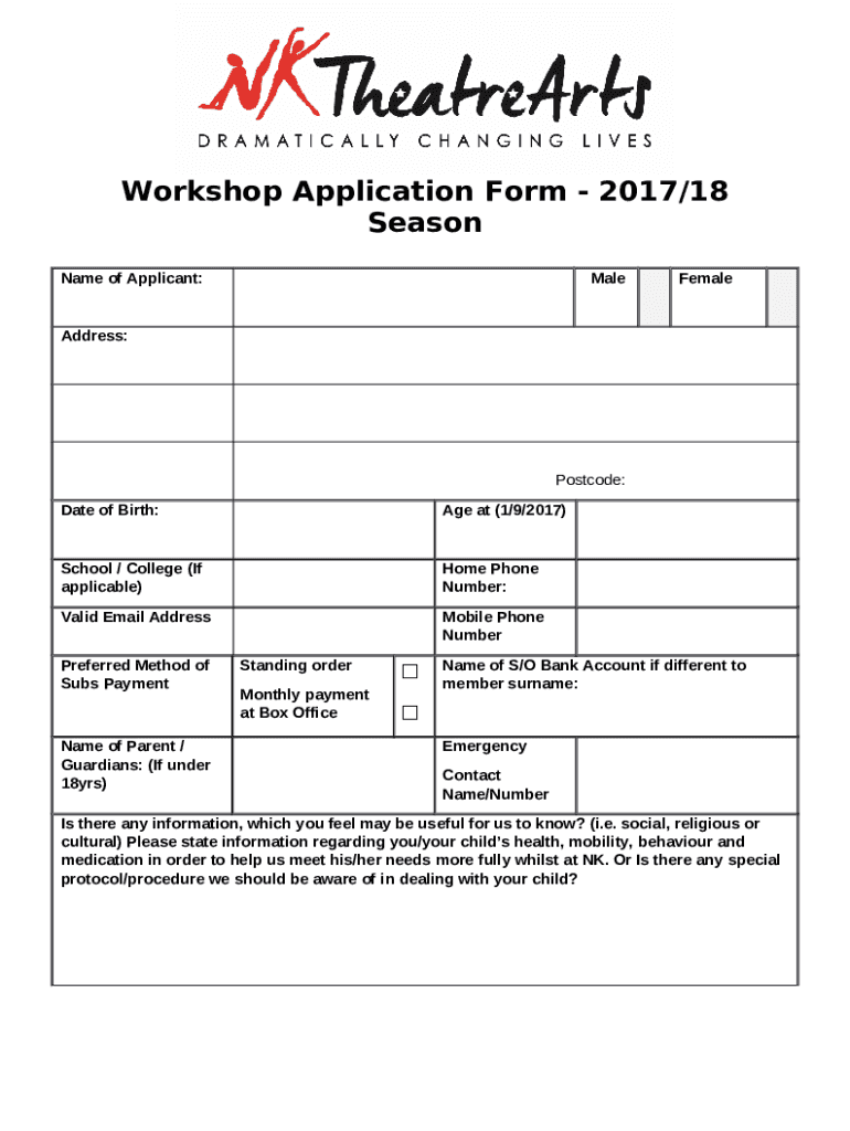 Workshop Application - 2017/18 Season Doc Template | pdfFiller