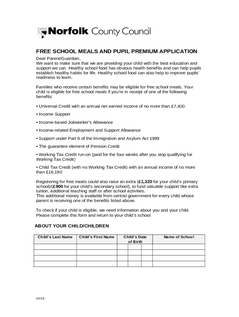 Registration for Free School Meals and Pupil Premium Doc Template ...