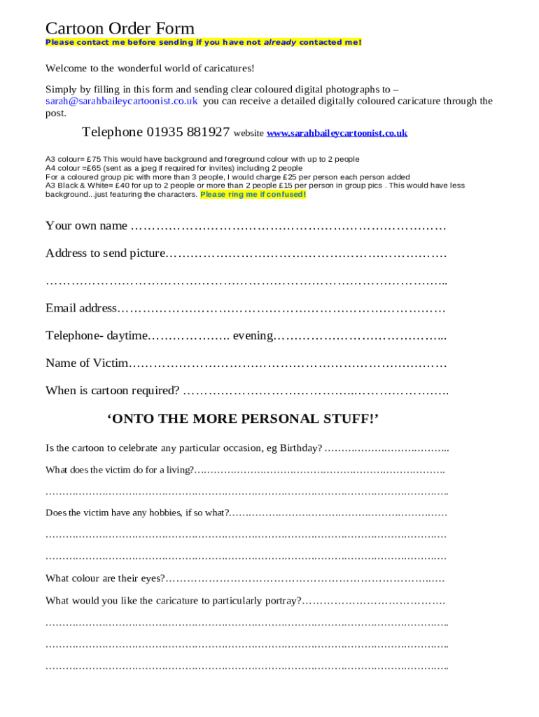 Cartoon Order Doc Template | pdfFiller