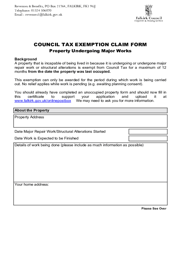 Fillable Online Council tax exemption claim form - Property undergoing major work Fax Email ...