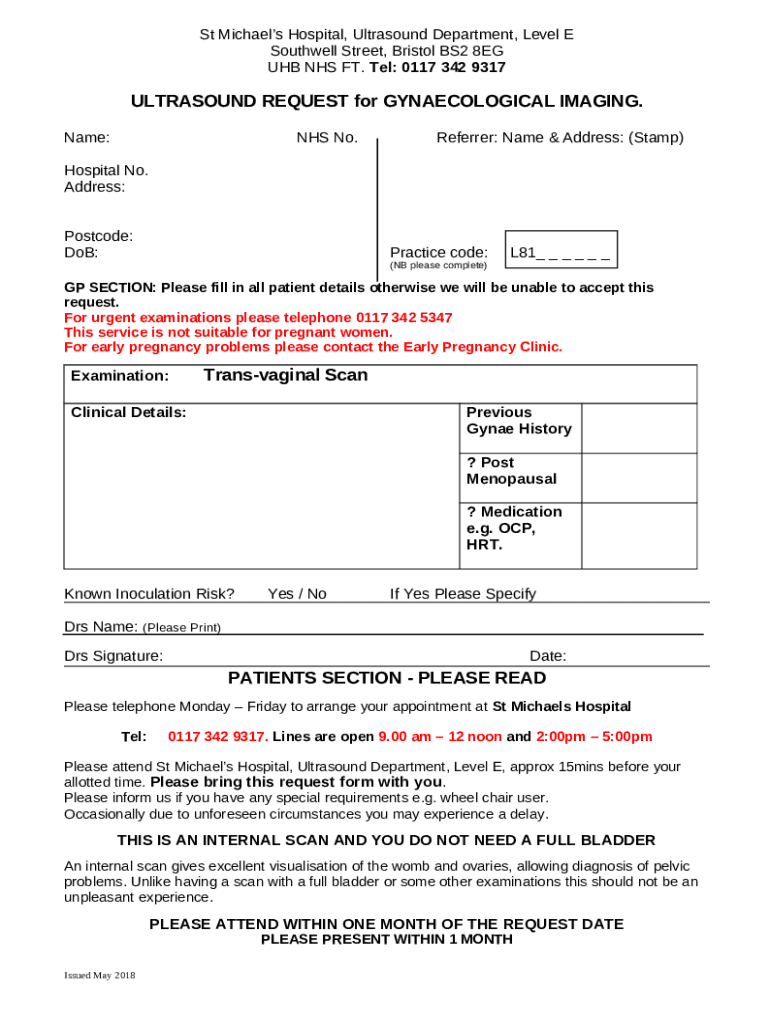 ULTRASOUND REQUEST. CLINICAL RADIOLOGY. UBHT. Doc Template | pdfFiller