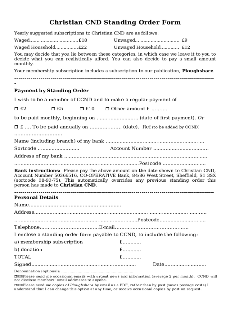 Christian CND Standing Order Doc Template | pdfFiller