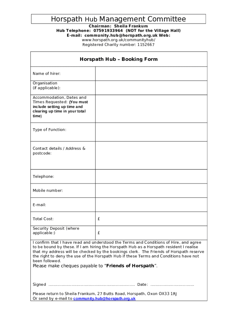 Horspath Village HallBooking - horspath org Doc Template | pdfFiller