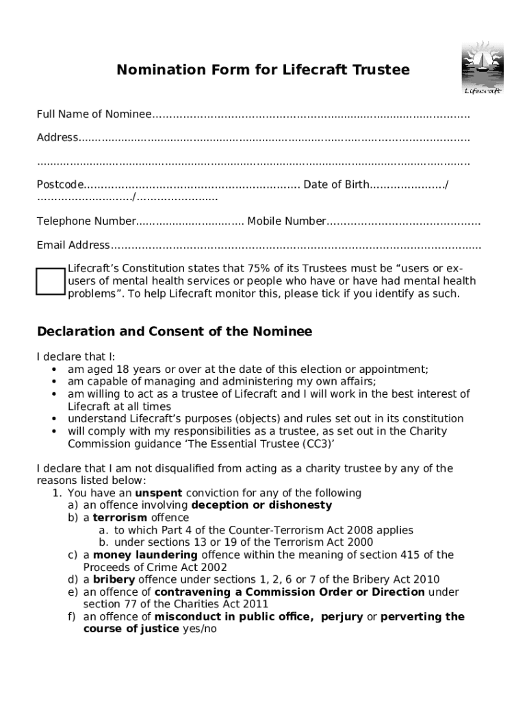NOMINATION FOR LIFECRAFT TRUSTEE POSITION - lifecraft org Doc Template ...