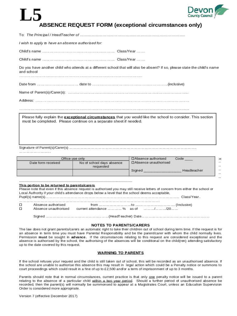 L5 Absence Request - appledore-primary devon sch Doc Template | pdfFiller