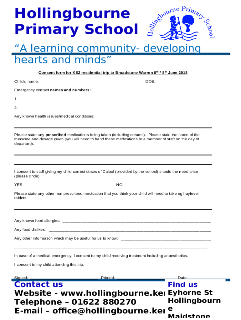 Consent for KS2 residential trip to Broadstone Warren 6th * 8th June ...