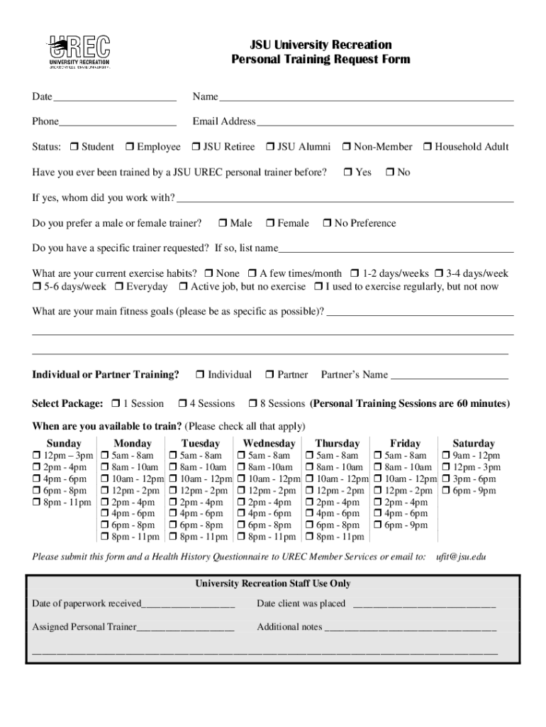 Fillable Online Personal Trainer Request Form - Jacksonville State ...