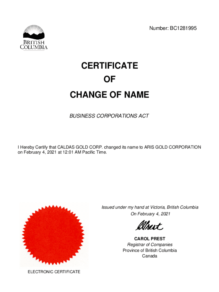 Fillable Online CERTIFICATE OF CHANGE OF NAME S27 q4cdn Fax Email 