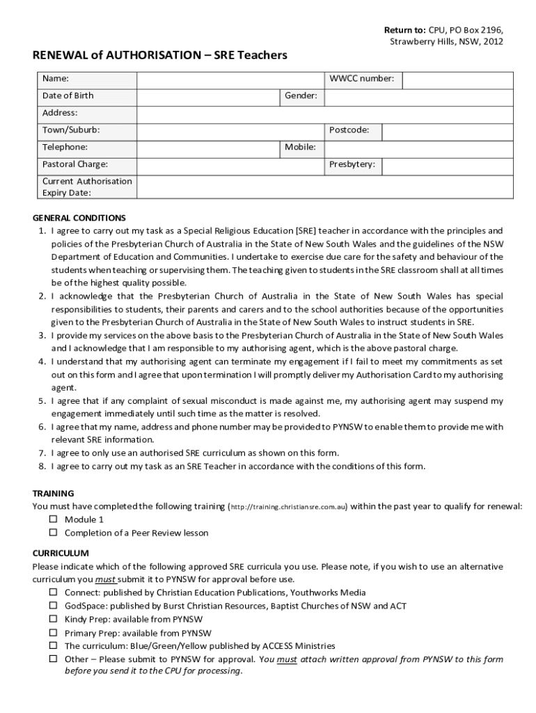 Fillable Online pynsw org High School SRE Teacher Authorisation Form Fax Email Print - pdfFiller