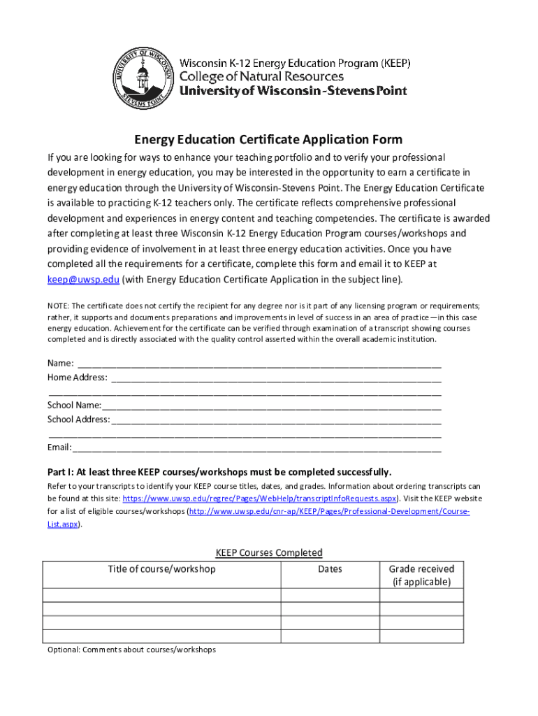 Fillable Online Energy Education Certificate Application Form Fax Email ...