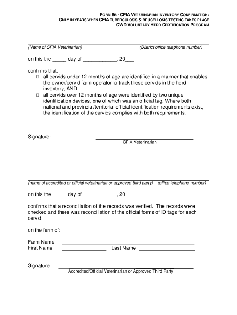 Fillable Online FORM 8B CFIA VETERINARIAN INVENTORY CONFIRMATION ONLY ...