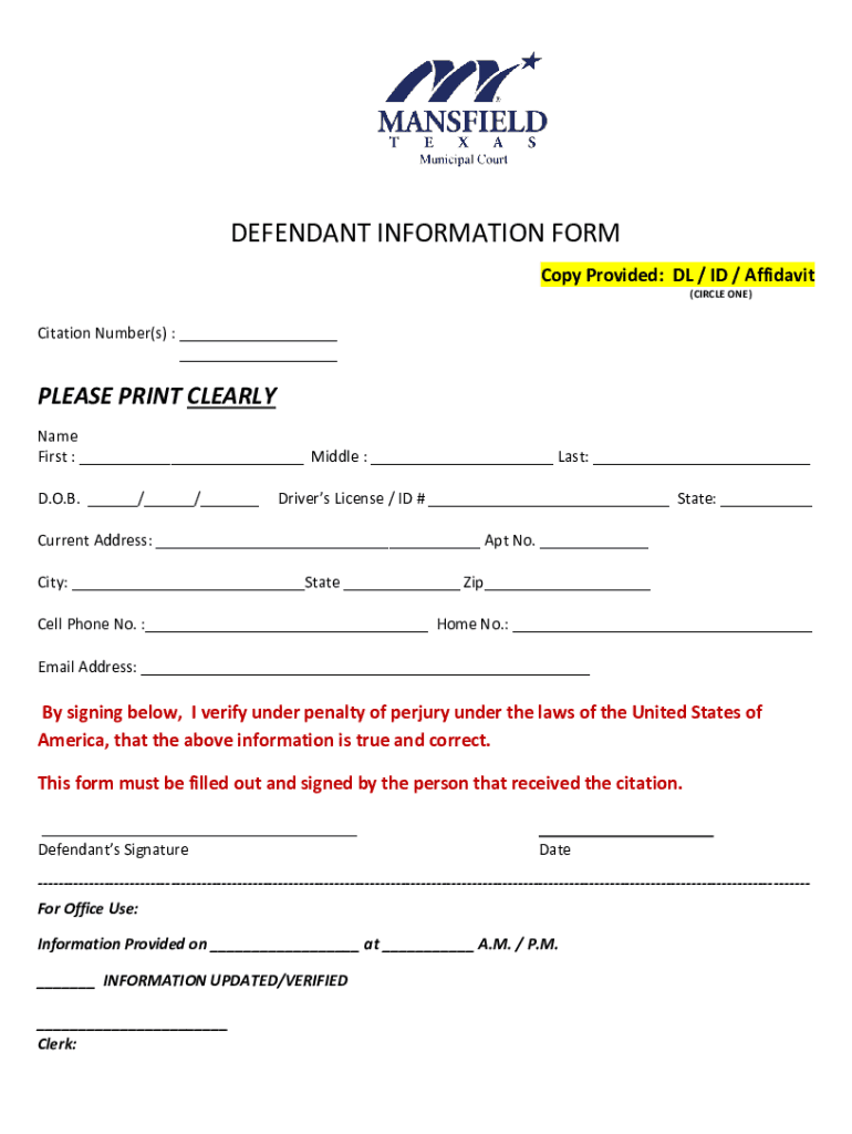 Fillable Online Defendant Information Form (PDF) Fax Email Print ...