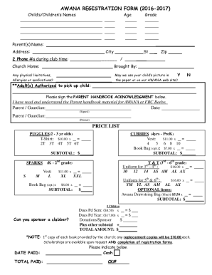 Fillable Online AWANA REGISTRATION FORM (2016-2017) Fax Email Print ...