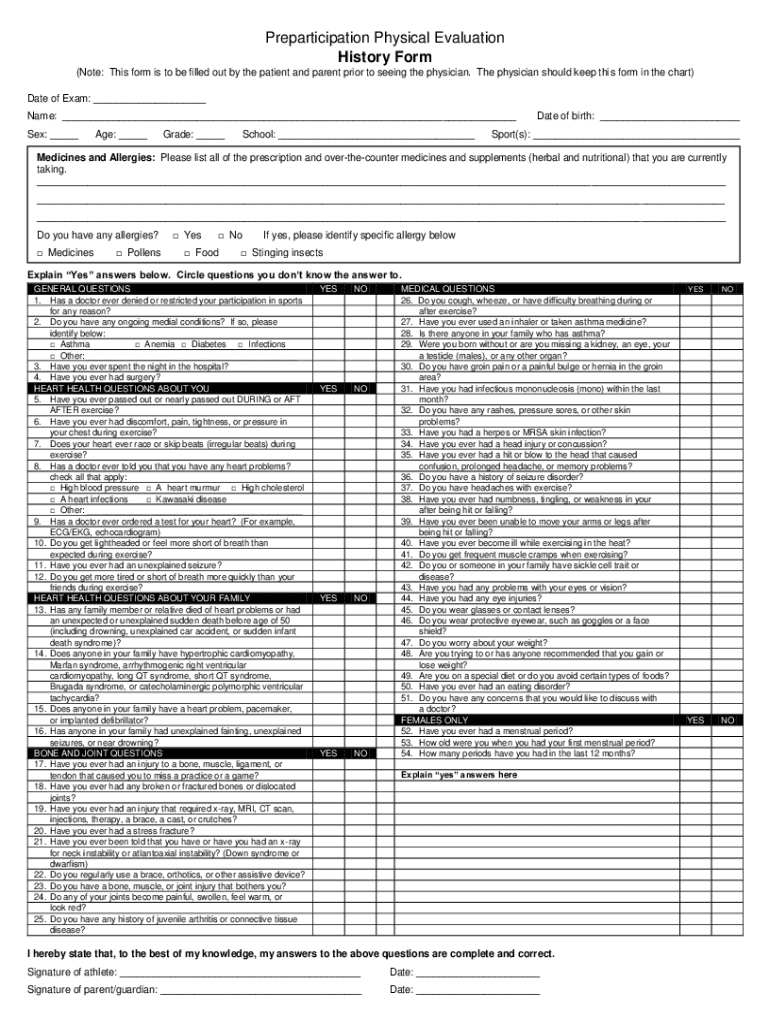 Fillable Online Preparticipation Physical Evaluation HISTORY FORM Note ...
