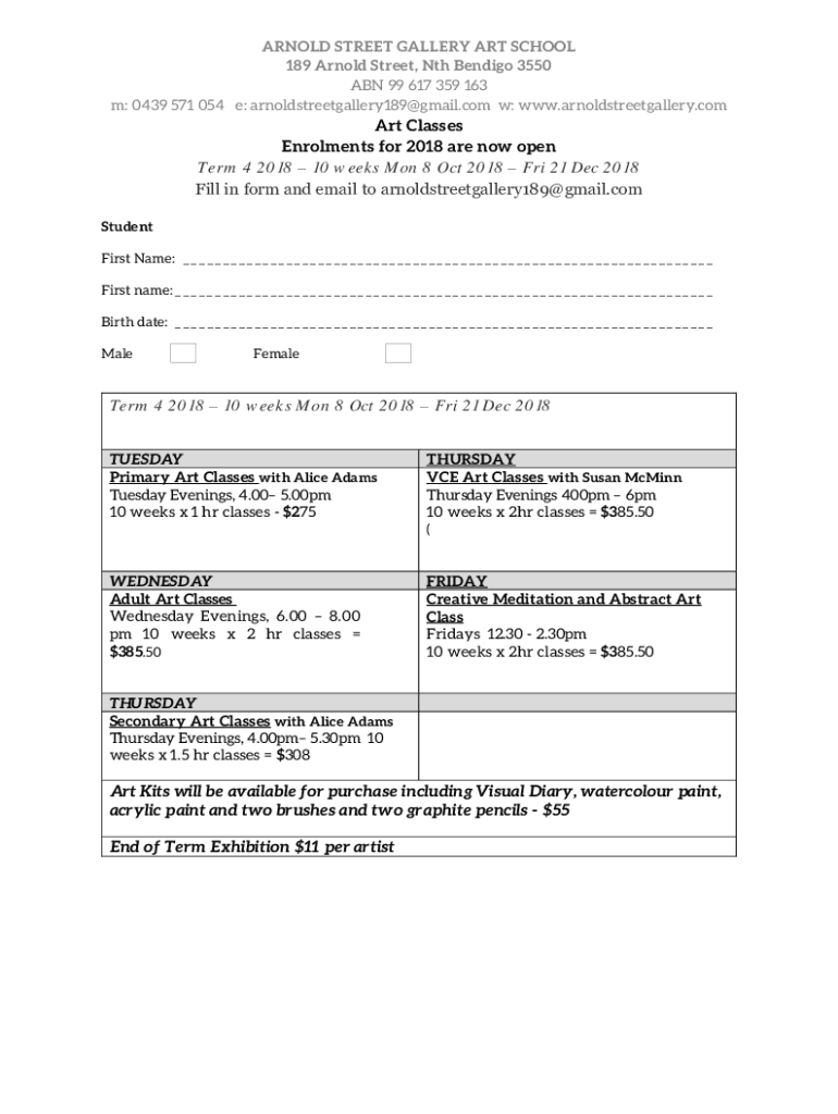 Fillable Online Art Class Enrolment Form 2017 - Arnold Street Gallery ...