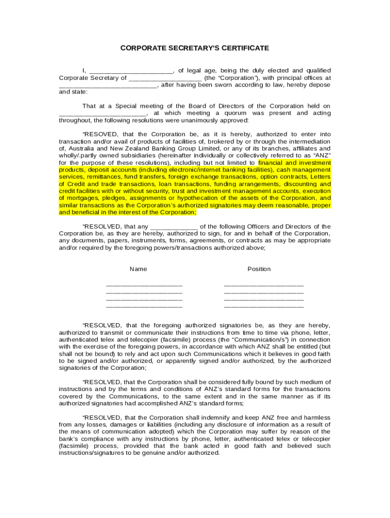 SAMPLE AT FOR SECRETARY'S CERTIFICATE online ... Doc Template | pdfFiller