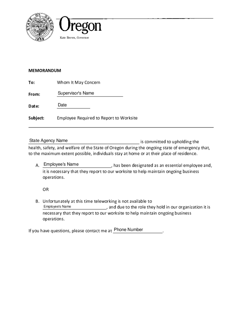 Fillable Online Employee Required to Report to Worksite Memo Template ...