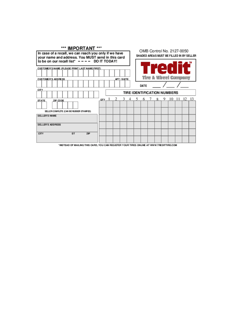 Fillable Online IMPORTANT ** - Tire Registration and Recall Services ...