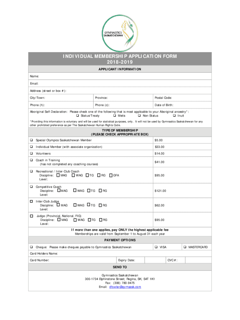Fillable Online Individual Membership Form 2018-2019 Fax Email Print ...