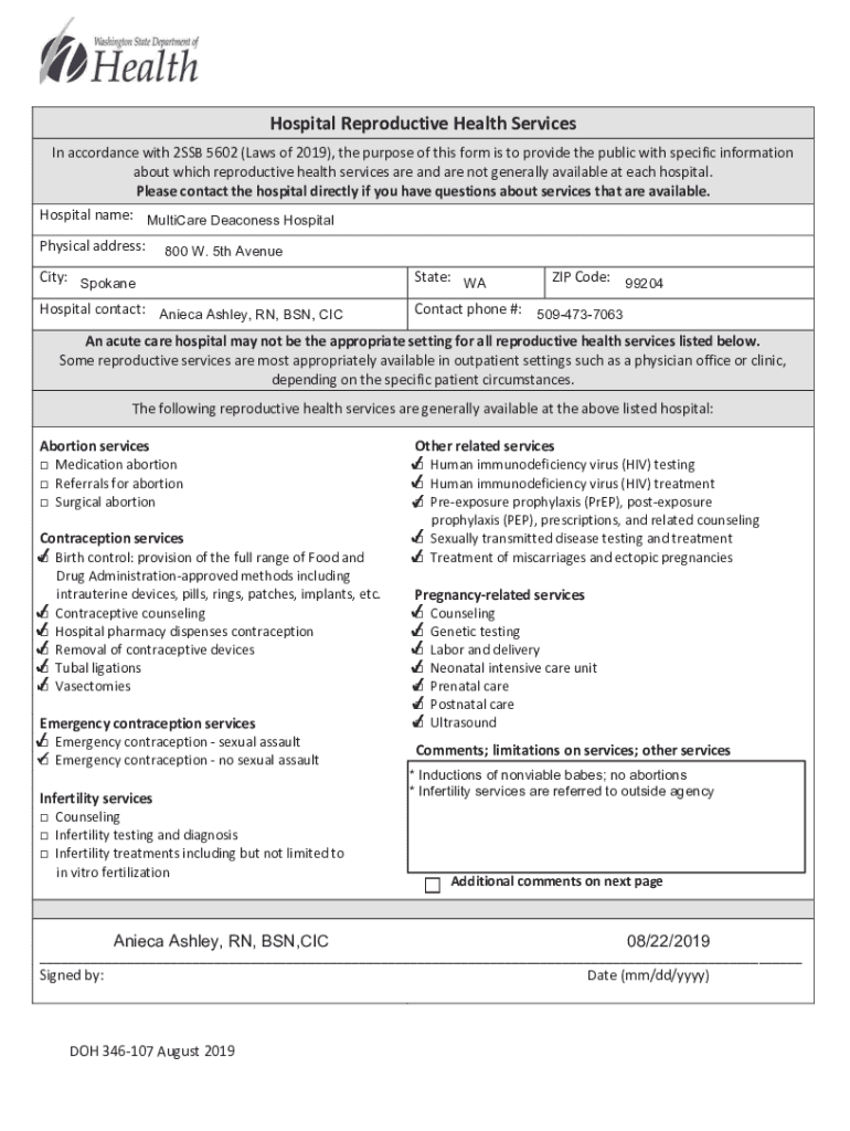 Fillable Online Hospital Reproductive Health Services Form Deaconess ...