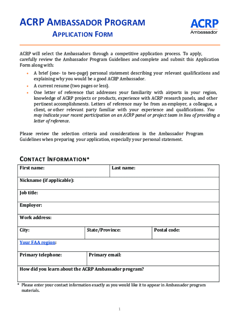 Fillable Online onlinepubs trb ACRP AMBASSADOR PROGRAM APPLICATION FORM ...