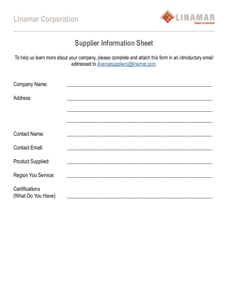 Fillable Online PDF Linamar Corporation Supplier Information Sheet Fax Email Print - pdfFiller