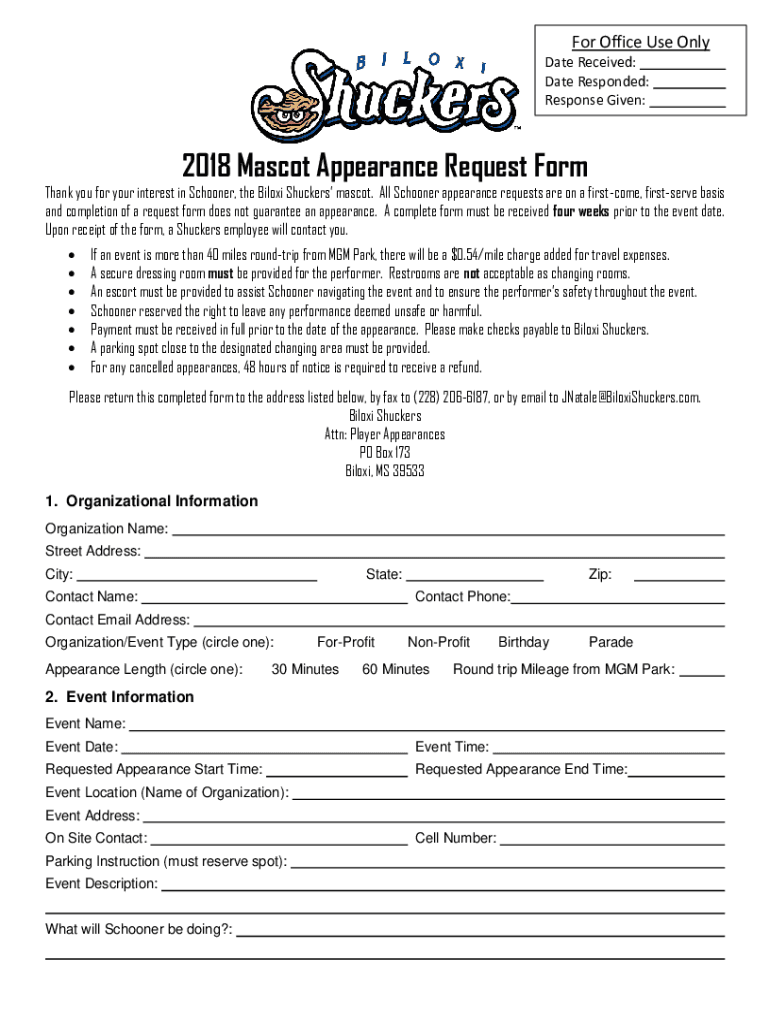 Fillable Online 2019 Mascot Appearance Request Form - milb.bamcontent.com Fax Email Print ...