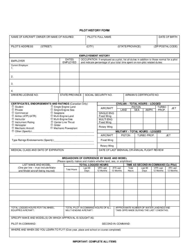 Fillable Online Fillable Online PILOT HISTORY FORM - Arlington / Roe ...