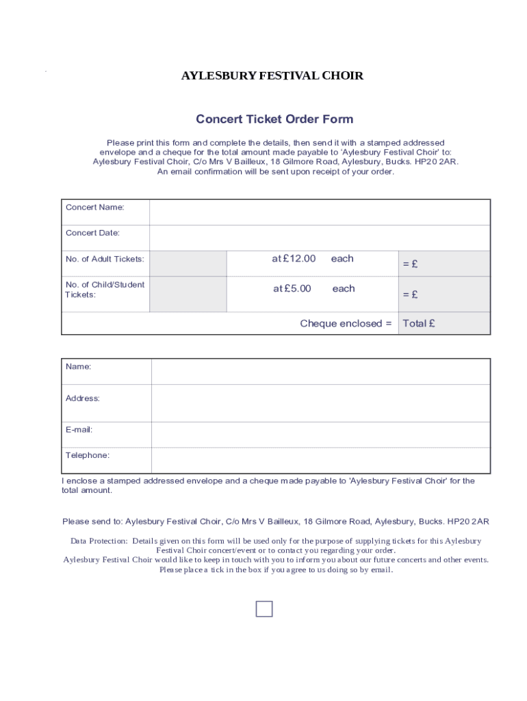 Fillable Online Aylesbury Festival Choir Ticket Order Form Fax Email ...