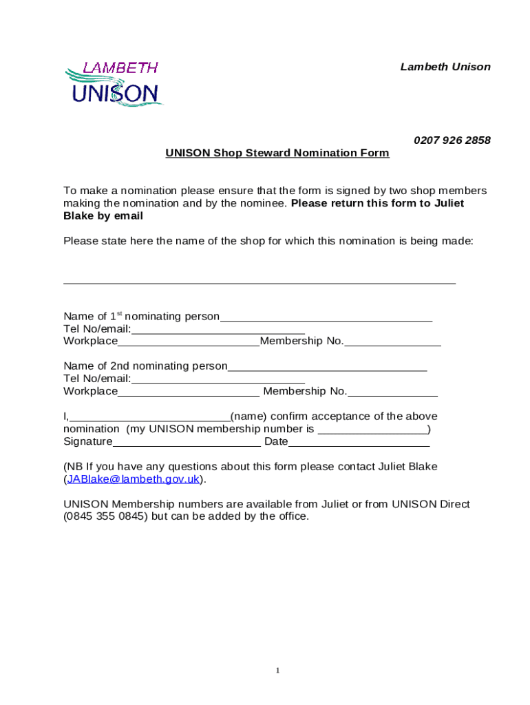 UNISON Shop Steward Nomination - Lambeth Unison Doc Template | pdfFiller