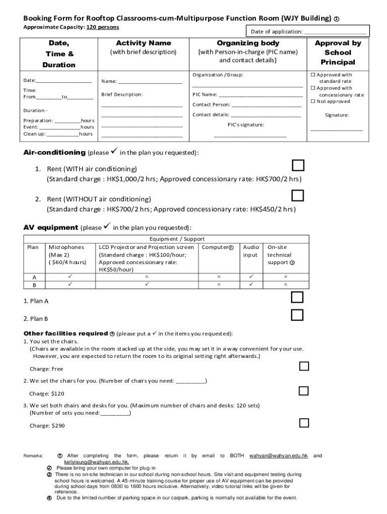 Fillable Online web wahyan edu Booking Form for Rooftop Classrooms-cum ...