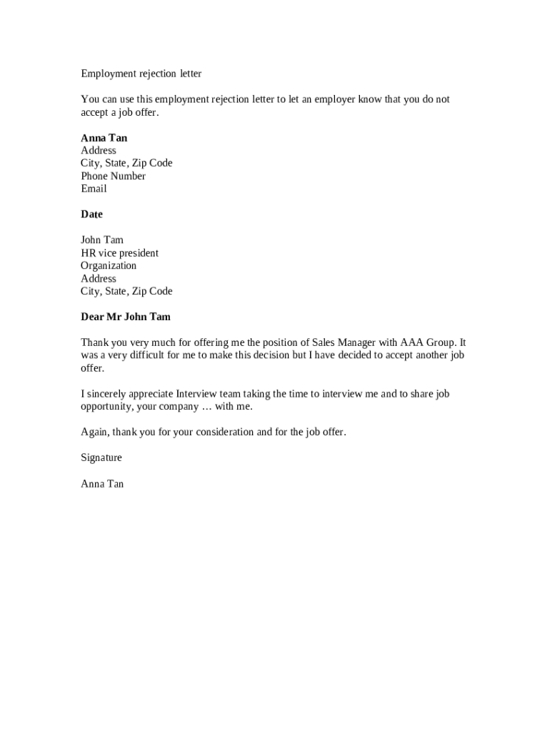 al Rejection Letter to Decline Job Offer (Sample ... Doc Template ...