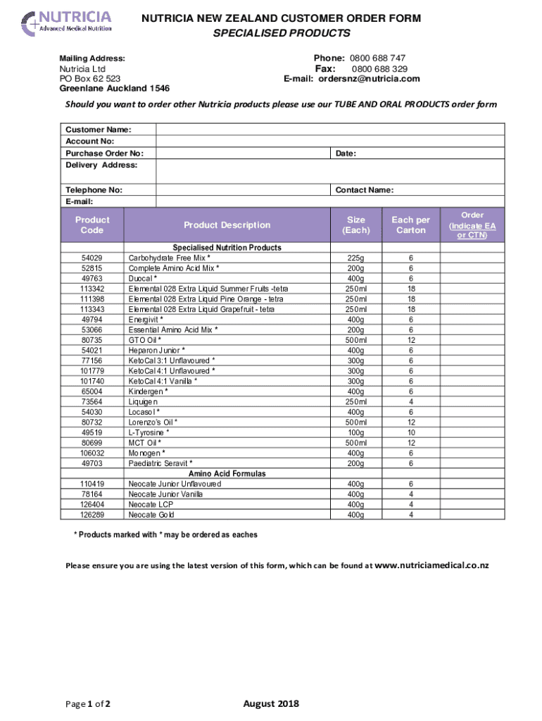 Nutricia New Zealand Customer Order Form - Blank Fillable Template ...
