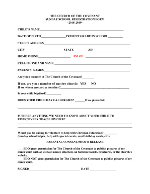 Fillable Online THE CHURCH OF THE COVENANT SUNDAY SCHOOL REGISTRATION ...