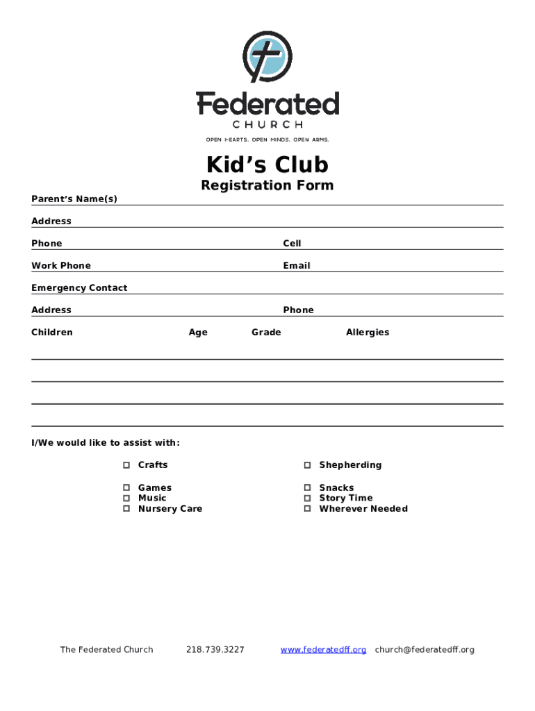 KIDS CLUB Registration - hightstownpres.org Doc Template | pdfFiller