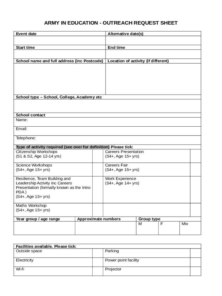 ARMY IN EDUCATION - OUTREACH REQUEST SHEET Doc Template | pdfFiller