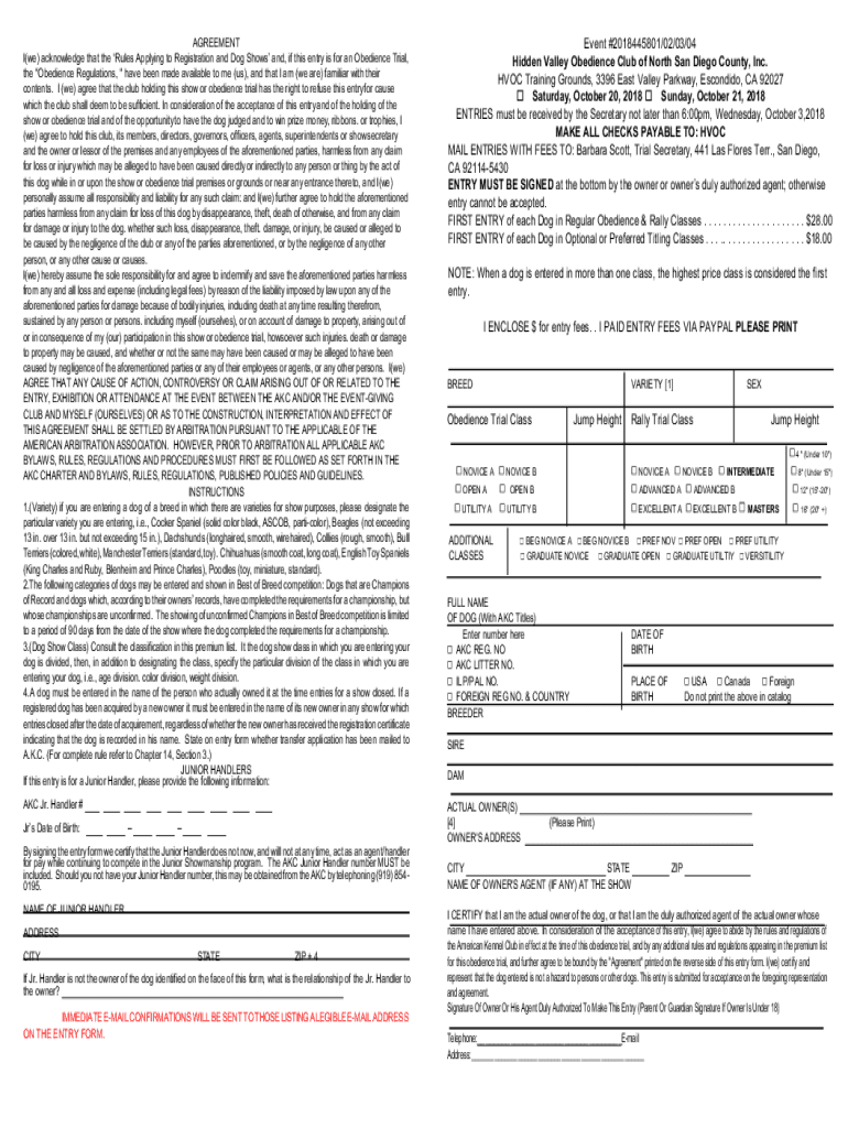 Fillable Online OFFICIAL AMERICAN KENNEL CLUB ENTRY FORM HAND DELIVERED ...