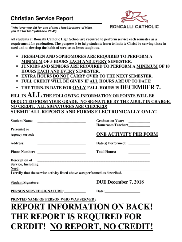 Fillable Online PDF Christian Service Report REPORT ... - Roncalli ...