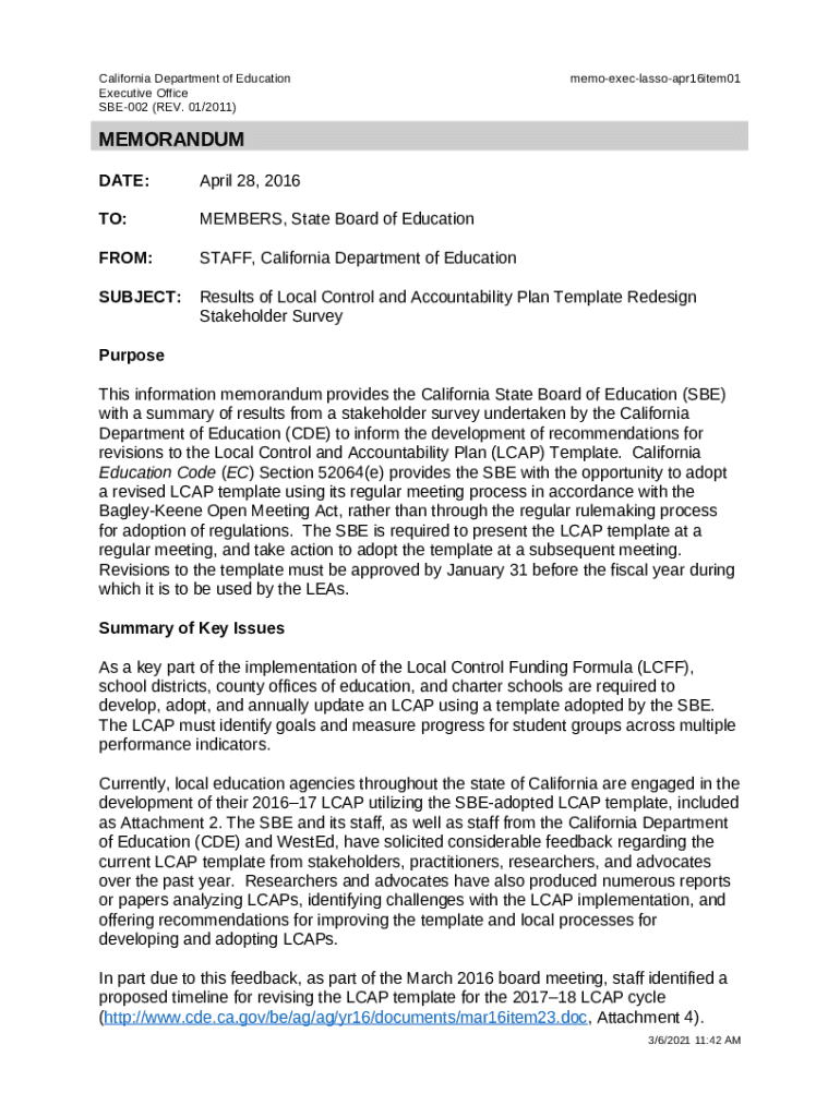 April 2016 Memo LASSO Item 01 - Ination Memorandum (CA State Board of Education). Results of ...