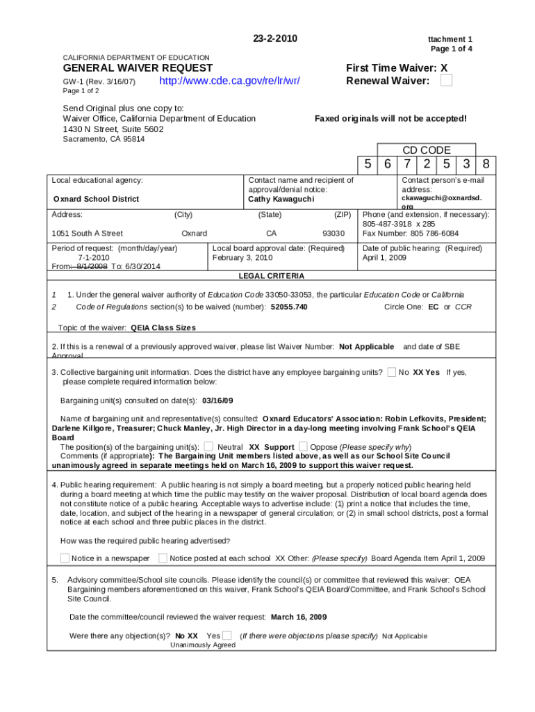General waiver request - Waivers (CA Dept of Education) Doc Template | pdfFiller