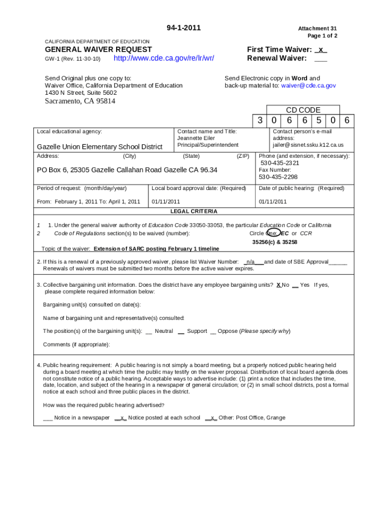 Submit a Waiver Request - Waivers (CA Dept of ... - CDE's ... Doc Template | pdfFiller