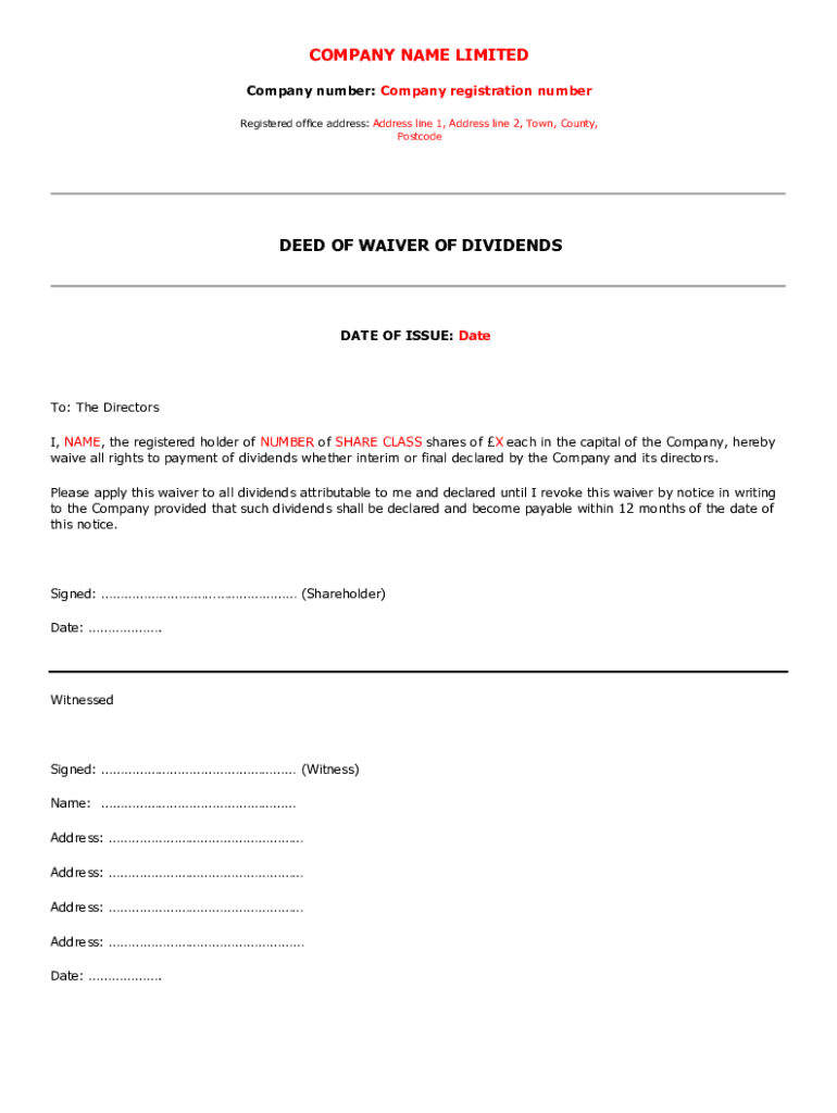 Fillable Online DEED OF WAIVER OF DIVIDENDS Fax Email Print - pdfFiller