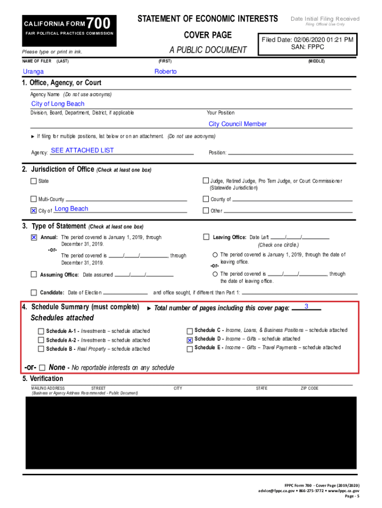 Fillable Online CALIFORNIA FORM 700 StAtement Of ... - City of Long ...
