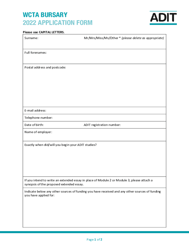 Fillable Online WCTA BURSARY 2022 APPLICATION FORM - tax.org.uk Fax ...