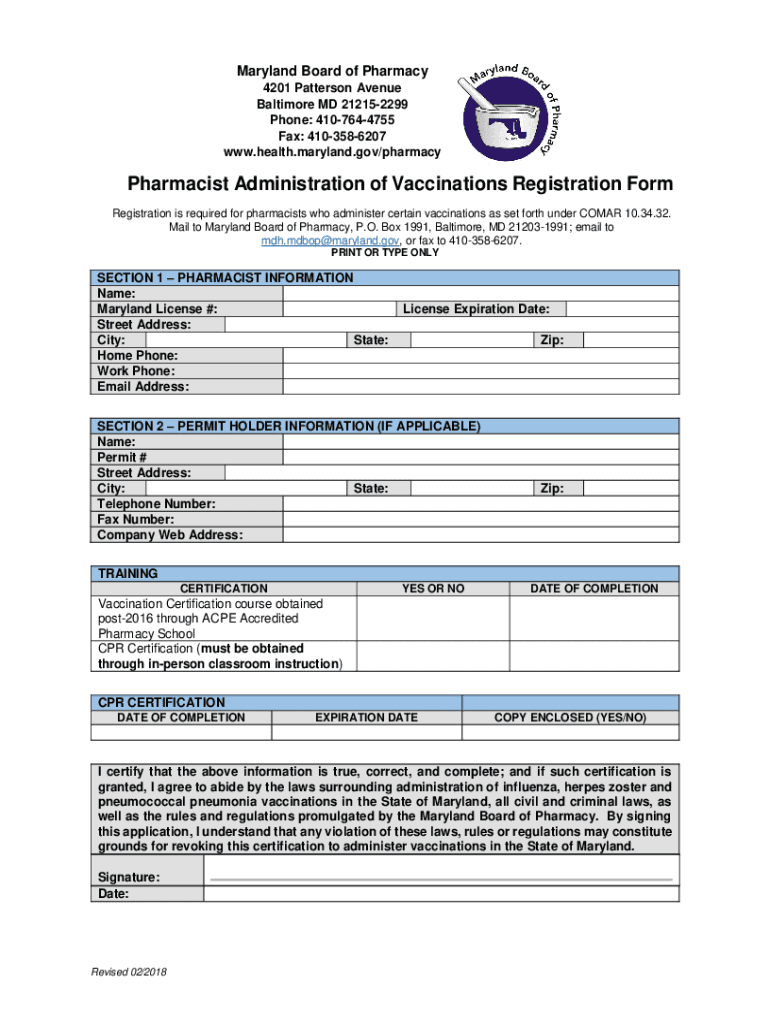 Fillable Online Pharmacist Administration of Vaccinations Registration Form Fax Email Print ...