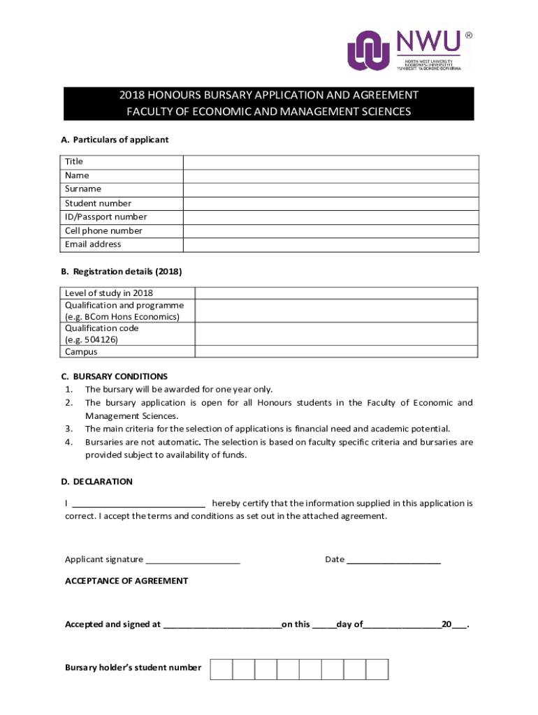 Fillable Online 2018 HONOURS BURSARY APPLICATION AND AGREEMENT FACULTY ...