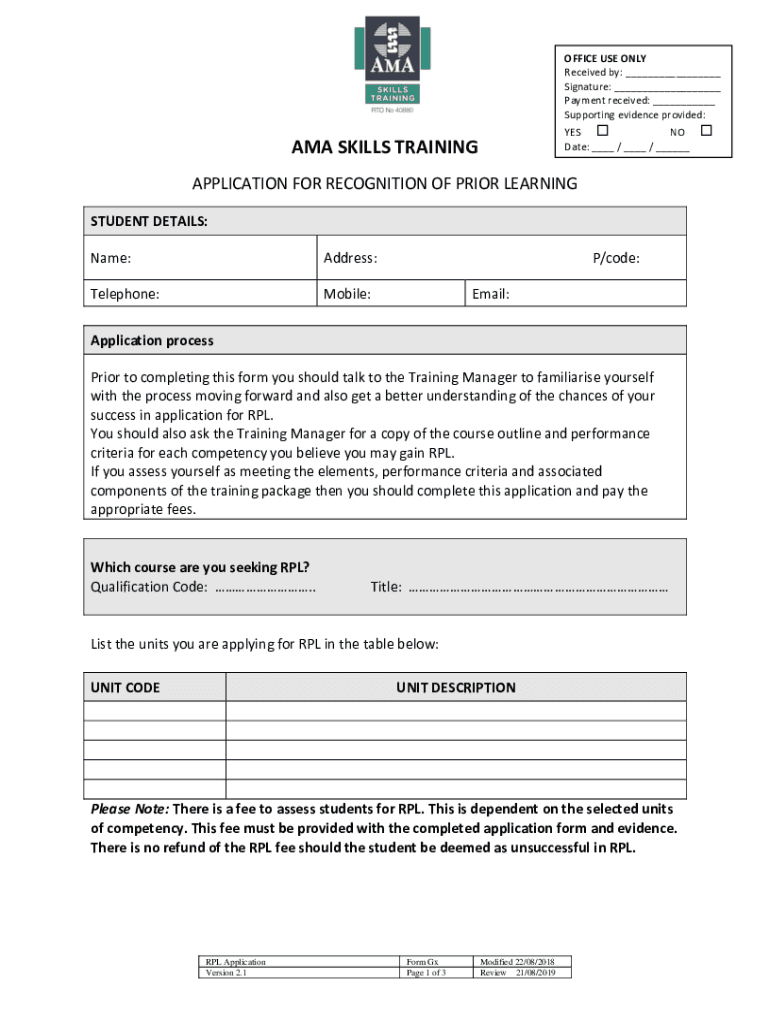 Fillable Online Application Form Recognition of Prior Learning (RPL) to ...