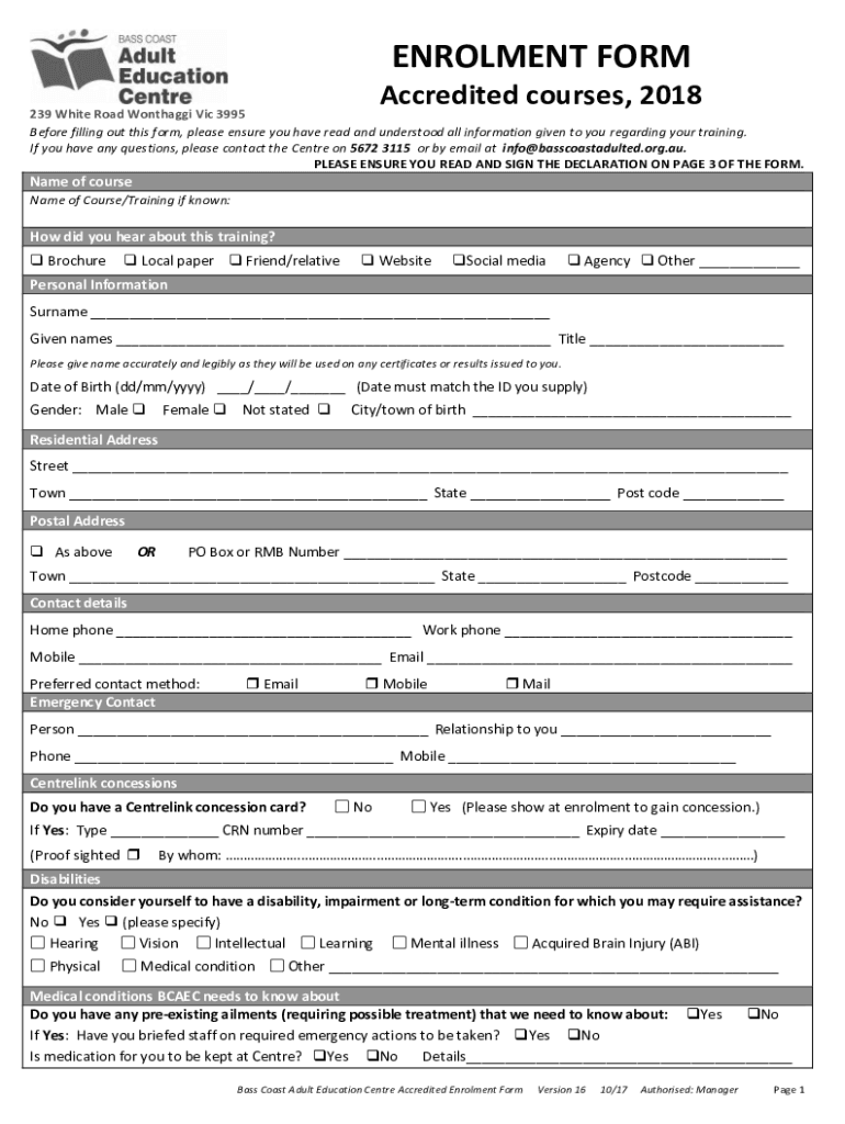 Fillable Online basscoastadulted org ENROLMENT FORM - BCAL Fax Email ...